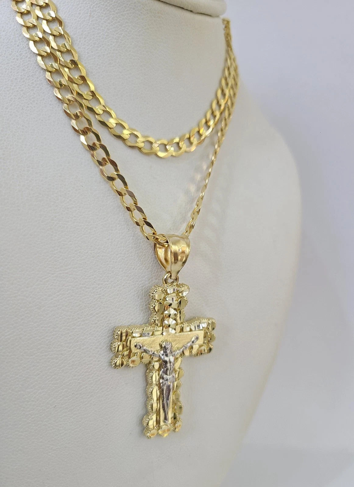 10k Gold Chain Cuban Curb Jesus Cross Charm Pendant Link 5mm 18"-28" I ...