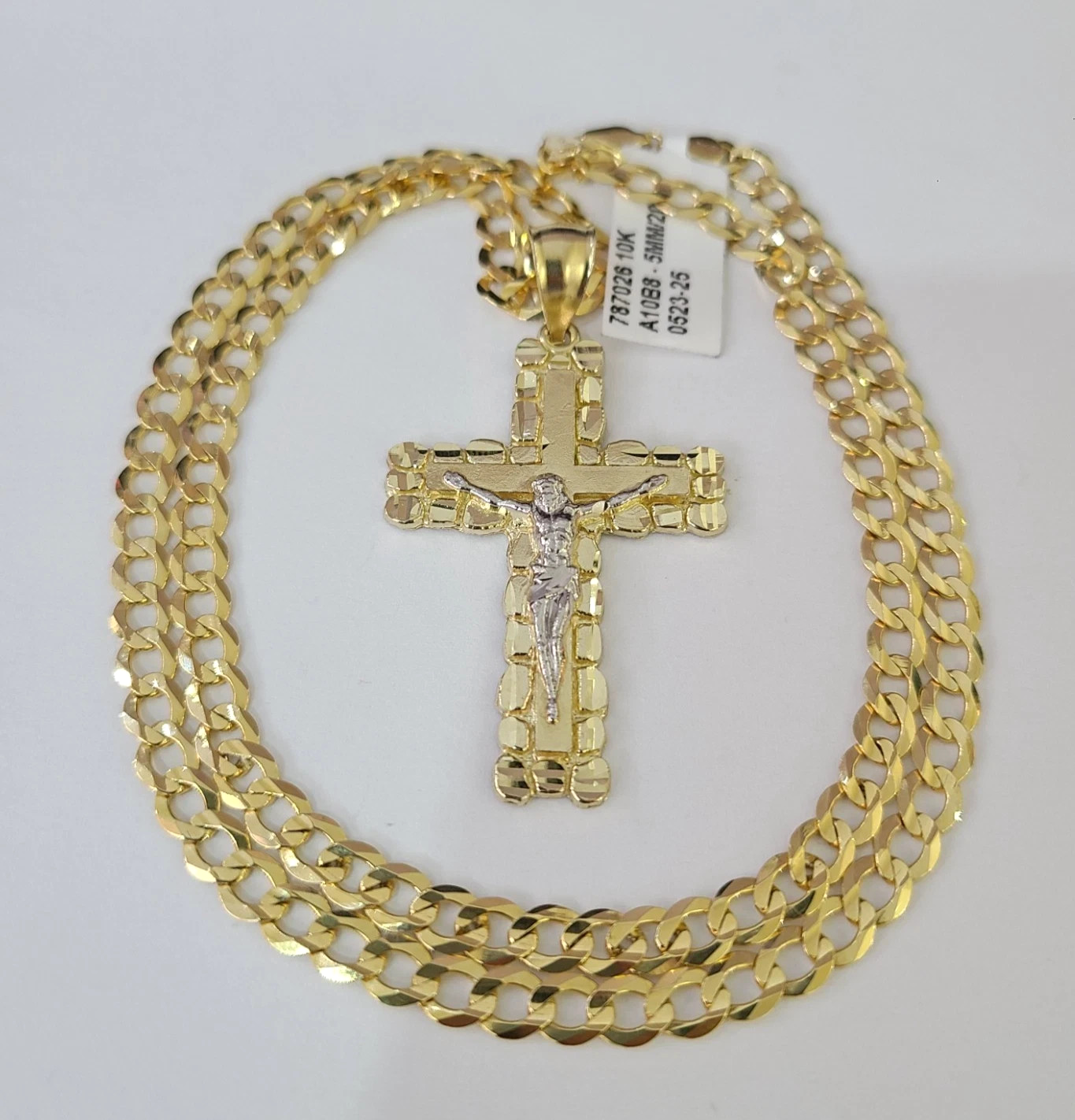 10k Gold Chain Cuban Curb Jesus Cross Charm Pendant Link 5mm 18"-28" I ...