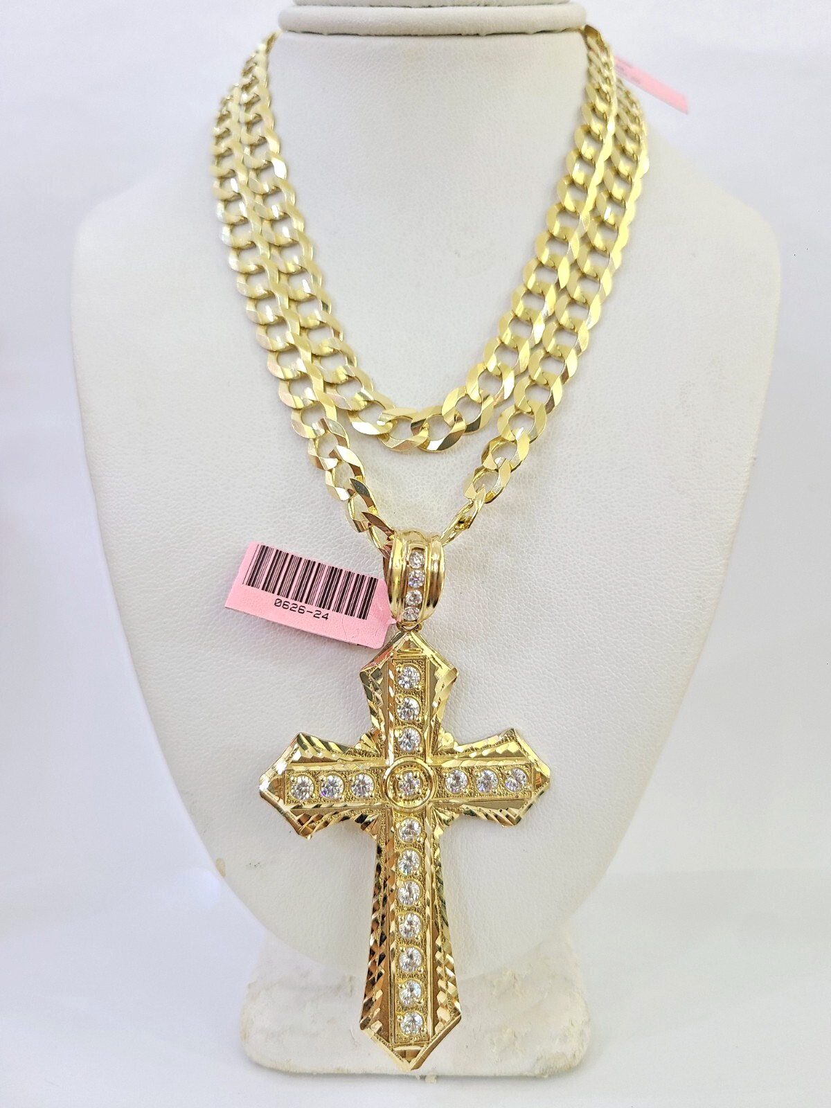 Real 14k Solid Gold Chain Jesus Cross Pendant Set Cuban Curb Chain 6mm ...