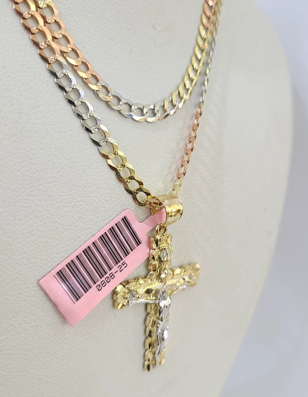 14k Chain Nugget Cross Pendant Charm Solid TriColor Cuban Curb 4mm 18 ...